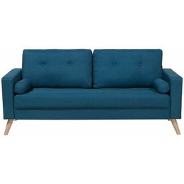 Beliani 2-Sitzer Sofa Seeblau Stoffbezug mit Schmalen Armlehnen 2 Nackenrollen Helle Holzbeine Knopfheftung Lose Rückenkissen Freistellbar Wohnzimmer