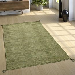 Designer Teppich Webteppich Kelim Handgewebt 100% Baumwolle Modern Meliert Grün 200x290 cm - Paco Home