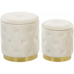 Beliani - Pouf 2er Set Cremeweiß Samtstoff Gesteppt mit Stauraum Goldener Metallring Rund Chesterfield Stil Retro Wohnzimmer Schlafzimmer Flur Modern