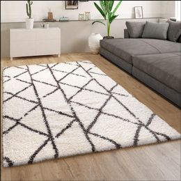 Hochflor Teppich Wohnzimmer Shaggy Langflor Modern Skandi Rauten Grau Creme 120x160 cm - Paco Home