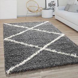 Paco Home - Hochflor Teppich Wohnzimmer Shaggy Skandinavisches Rauten Muster, Modern Dunkel Grau ø 200 cm Rund