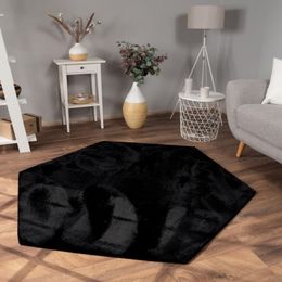 Paco Home - Teppich Wohnzimmer Kunstfell Shaggy Hochflor Waschbar In Waschmaschine Soft Uni Schwarz 150x170 cm Sechseckig