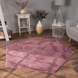 Paco Home - Teppich Wohnzimmer Kunstfell Shaggy Hochflor Waschbar In Waschmaschine Soft Uni Rosa Mauve 150x170 cm Sechseckig