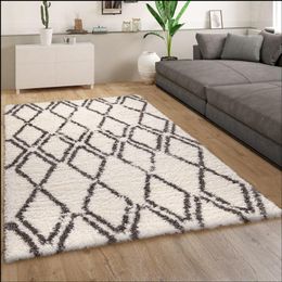 Hochflor Teppich Wohnzimmer Shaggy Langflor Skandi Rauten Muster Grau Creme 120x160 cm - Paco Home