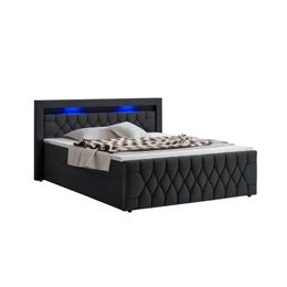 Juskys Boxspringbett Leona Samt 140x200 cm in Schwarz – mit LEDs, Topper & H4-Federkern-Matratzen