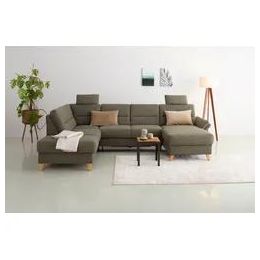 Wohnlandschaft Home Affaire "Westerland U-Form" Sofas Gr. B/H/T: 303 cm x 90 cm x 213 cm, Struktur, Ottomane links, ohne Bettfunktion, ohne Stauraum ohne Armlehnfunktion, grün (khaki) Federkern, wahlweise Bettfunktion, Stauraum und Armlehn-Verstellung