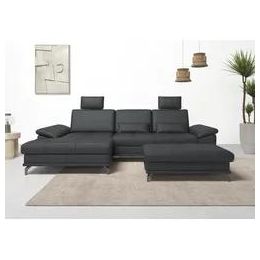 Ecksofa Places of Style "Costello L-Form, mit Sitztiefenverstellung, Armteilverstellung und" Sofas Gr. B/H/T: 301cm x 89cm x 176cm, NaturLEDER, Recamiere links, ohne Bettfunktion-ohne Bettkasten, schwarz 3 Nierenkissen, optional Bettfunktion und Bettkasten