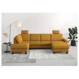 Wohnlandschaft Home Affaire "Summer U-Form" Sofas Gr. B/H/T: 314 cm x 91 cm x 170 cm, Breitcord, Recamiere rechts, mit Bettfunktion-mit Bettkasten-ohne Federkern, gelb (mustard) mit oder ohne Bettfunktion und Bettkasten, wengefarbene Holzfüße