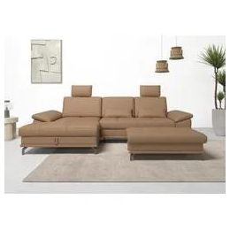 Ecksofa Places of Style "Costello L-Form" Sofas Gr. B/H/T: 301 cm x 89 cm x 176 cm, Material, Recamiere links, mit Bettfunktion-mit Bettkasten-Bett im Stoff bezogen, braun (cappucino) incl. Sitztiefenverstellung und Armlehnfunktion, 3 Nierenkissen