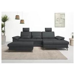 Ecksofa Places of Style "Costello L-Form, mit Sitztiefenverstellung, Armteilverstellung und" Sofas Gr. B/H/T: 301cm x 89cm x 176cm, NaturLEDER, Recamiere rechts, ohne Bettfunktion-ohne Bettkasten, schwarz 3 Nierenkissen, optional Bettfunktion und Bettkasten