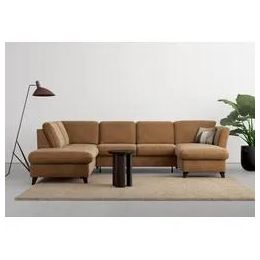 Wohnlandschaft Home Affaire "Trelleborg U-Form" Sofas Gr. B/H/T: 307 cm x 86 cm x 213 cm, Cord, Ottomane links, mit Bettfunktion-mit Stauraum, braun (latte) wahlweise mit Bettfunktion und Bettkasten, inkl. Federkern-Polsterung