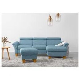 Ecksofa Home Affaire "Lindgren L-Form" Sofas Gr. B/H/T: 258cm x 84cm x 169cm, Struktur, Recamiere rechts, ohne Bettfunktion mit einklappbaren Rollen-ohne Bettkasten-ohne Relaxfunktion motorisch im Recamiere-ohne Kopfteilverstellung-ohne Federkern, blau (eisblau) wahlweise mit Bett klappbaren Rollen, Kasten und Kopfverstellung