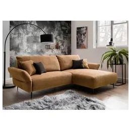 Ecksofa Inosign "Amarena L-Form" Sofas Gr. B/H/T: 286cm x 96cm x 178cm, Struktur, Recamiere rechts, Zierkissenfarbe 40 x 40cm: dunkelbraun-Zierkissenfarbe 45 x 45cm: curry, gelb (curry) inklusive Armlehnenverstellfunktion, 4x Zierkissen gratis