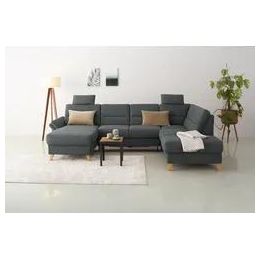 Wohnlandschaft Home Affaire "Westerland U-Form" Sofas Gr. B/H/T: 303cm x 90cm x 213cm, Struktur, Ottomane rechts, ohne Bettfunktion, ohne Stauraum ohne Armlehnfunktion, blau (blau, grau) Federkern, wahlweise Bettfunktion, Stauraum und Armlehn-Verstellung