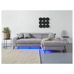 Ecksofa COTTA "Mia L-Form" Sofas Gr. B/H/T: 236cm x 74cm x 164cm, Microfaser, Recamiere rechts, Mit Bettfunktion-mit Bettkasten-mit RGB-LED-Beleuchtung-mit Wireless Charger, grau (stone) 3-tlg.-Kissen-Set, Recamiere, wahlweise mit oder ohne RGB-Beleuchtung