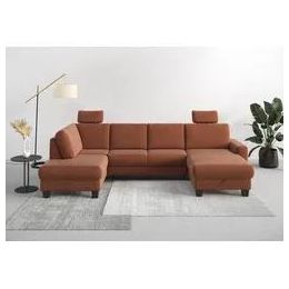 Wohnlandschaft Home Affaire "Summer U-Form" Sofas Gr. B/H/T: 314 cm x 91 cm x 170 cm, Feincord, Recamiere rechts, mit Bettfunktion-mit Bettkasten-ohne Federkern, rosegold (kupfer) mit oder ohne Bettfunktion und Bettkasten, wengefarbene Holzfüße