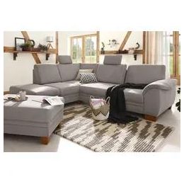 Ecksofa Home Affaire "Husum L-Form" Sofas Gr. B/H/T: 269cm x 90cm x 219cm, Luxus-Microfaser TORO, Ottomane links, grau (hellgrau) mit Sitztiefenverstellung, Federkern-Polsterung und Kontrastnaht