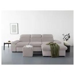 Ecksofa COTTA "Lola L-Form" Sofas Gr. B/H/T: 250cm x 73cm x 165cm, Struktur, Recamiere rechts, Mit Bettfunktion-Mit Bettkasten-Ohne Armteilverstellung, grau (stone) mit Hocker & Kopfteilfunktion, wahlw. Bett- und Armteilfunktion