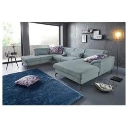 Sit & More Wohnlandschaft SIT & MORE "Percy U-Form" Sofas Gr. B/H/T: 343cm x 80cm x 235cm, Feinstruktur, Recamiere rechts, mit schwarzem Nickelfuß, blau (aqua) 15 cm Fußhöhe, Sitztiefenverstellung, wahlweise in 2 Fußfarben