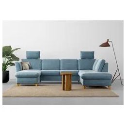 Wohnlandschaft Home Affaire "Trelleborg U-Form" Sofas Gr. B/H/T: 307 cm x 86 cm x 213 cm, Breitcord, Ottomane rechts, ohne Bettfunktion-ohne Stauraum, blau (blau, grau) wahlweise mit Bettfunktion und Bettkasten, inkl. Federkern-Polsterung