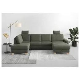 Wohnlandschaft Home Affaire "Summer U-Form" Sofas Gr. B/H/T: 314 cm x 91 cm x 170 cm, Feincord, Recamiere rechts, mit Bettfunktion-mit Bettkasten-mit Federkern, grün (olive) mit oder ohne Bettfunktion und Bettkasten, Cord-Bezug