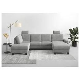 Wohnlandschaft Home Affaire "Summer U-Form" Sofas Gr. B/H/T: 314 cm x 91 cm x 170 cm, Breitcord, Recamiere rechts, ohne Bettfunktion-ohne Bettkasten-ohne Federkern, silberfarben (silber) mit oder ohne Bettfunktion und Bettkasten, wengefarbene Holzfüße