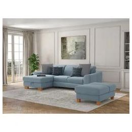 Sit & More Ecksofa SIT & MORE "Dundee L-Form" Sofas Gr. B/H/T: 264cm x 86cm x 175cm, Struktur weich, Recamiere links, mit Kopfteilverstellung-mit Bettfunktion-mit Bettkasten, blau (hellblau) mit Federkern und Massivholzfüßen, wahlweise Kopfteilverstellung