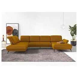 Wohnlandschaft Inosign "Coco U-Form" Sofas Gr. B/H/T: 382 cm x 88 cm x 242 cm, Breitcord, mega-Recamiere rechts, ohne Sitztiefenverstellung-ohne Armteilverstellung-ohne Kopfteilverstellung-ohne Federkern, gelb (mustard) Sitztiefen-, Arm- und Kopfteilverstellung, Cord-Bezug, Fußhöhe 15 cm