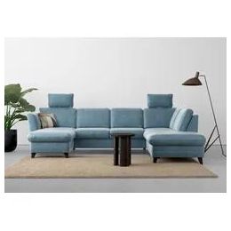 Wohnlandschaft Home Affaire "Trelleborg U-Form" Sofas Gr. B/H/T: 307 cm x 86 cm x 213 cm, Breitcord, Ottomane rechts, ohne Bettfunktion-ohne Stauraum, blau (blau, grau) wahlweise mit Bettfunktion und Bettkasten, inkl. Federkern-Polsterung