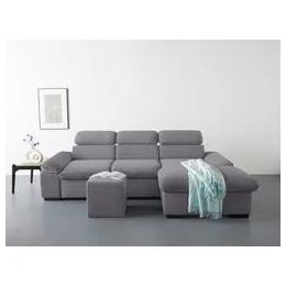 Ecksofa COTTA "Lola L-Form" Sofas Gr. B/H/T: 250cm x 73cm x 165cm, Chenille-Struktur, Recamiere rechts, Mit Bettfunktion-Mit Bettkasten-Ohne Armteilverstellung, grau (stone) mit Hocker & Kopfteilfunktion, wahlw. Bett- und Armteilfunktion