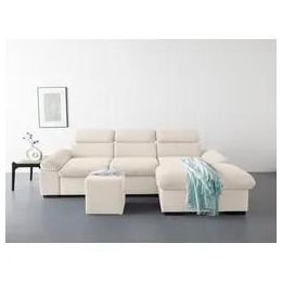 Ecksofa COTTA "Lola L-Form" Sofas Gr. B/H/T: 250cm x 73cm x 165cm, Chenille-Struktur, Recamiere rechts, Mit Bettfunktion-Mit Bettkasten-Ohne Armteilverstellung, beige (nature) mit Hocker & Kopfteilfunktion, wahlw. Bett- und Armteilfunktion