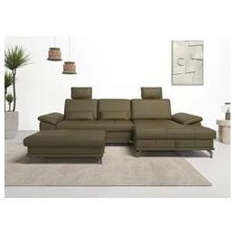 Ecksofa Places of Style "Costello L-Form" Sofas Gr. B/H/T: 301 cm x 89 cm x 176 cm, Material, Recamiere rechts, mit Bettfunktion-mit Bettkasten-Bett im Stoff bezogen, grün (olive) incl. Sitztiefenverstellung und Armlehnfunktion, 3 Nierenkissen