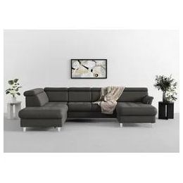 Sit & More Wohnlandschaft SIT & MORE "Marano U-Form", grau (grau 94), B:304cm T:216cm, 100% Polyester, Sofas, inklusive Kopfteilverstellung, wahlweise mit Bettfunktion, Bettkasten