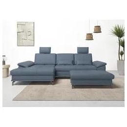 Ecksofa Places of Style "Costello L-Form, mit Sitztiefenverstellung, Armteilverstellung und" Sofas Gr. B/H/T: 301cm x 89cm x 176cm, NaturLEDER, Recamiere links, ohne Bettfunktion-ohne Bettkasten, blau (graublau) 3 Nierenkissen, optional Bettfunktion und Bettkasten