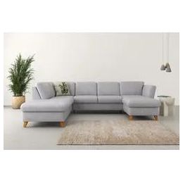 Wohnlandschaft Home Affaire "Trelleborg U-Form" Sofas Gr. B/H/T: 307cm x 86cm x 213cm, Struktur, Ottomane links, ohne Bettfunktion-ohne Stauraum, silberfarben (silber) Federkern-Polsterung, wahlweise mit Bettfunktion und Stauraum