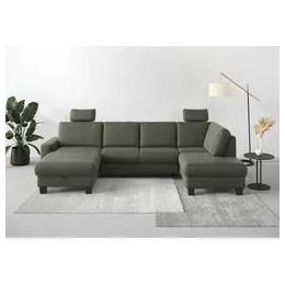 Wohnlandschaft Home Affaire "Summer U-Form" Sofas Gr. B/H/T: 314 cm x 91 cm x 170 cm, Feincord, Recamiere links, mit Bettfunktion-mit Bettkasten-ohne Federkern, grün (olive) mit oder ohne Bettfunktion und Bettkasten, wengefarbene Holzfüße