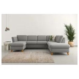 Wohnlandschaft Home Affaire "Trelleborg U-Form" Sofas Gr. B/H/T: 307 cm x 86 cm x 213 cm, Luxus-Microfaser Euphoria, Ottomane rechts, ohne Bettfunktion-ohne Stauraum, grau Federkern-Polsterung, wahlweise mit Bettfunktion und Stauraum