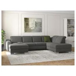 Sit & More Wohnlandschaft SIT&MORE "Dundee U-Form" Sofas Gr. B/H/T: 338 cm x 86 cm x 219 cm, Struktur weich, Ottomane rechts, ohne Kopfteilverstellung-ohne Bettfunktion-ohne Stauraum, grau mit Federkern und Edelstahlfüßen, wahlweise Kopfteilverstellung