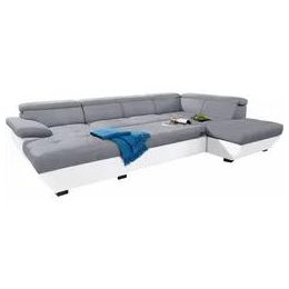 Wohnlandschaft COTTA "Speedway U-Form" Sofas Gr. B/H/T: 332cm x 79cm x 102cm, Kunstleder SOFTLUX-Luxus-Microfaser, Recamiere links, mit Bettfunktion-mit Bettkasten-mit Kopfteilverstellung, grau (weiß, grau) wahlweise mit Bettfunktion und Bettkasten