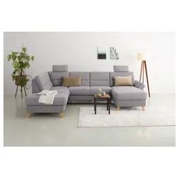 Wohnlandschaft Home Affaire "Westerland U-Form" Sofas Gr. B/H/T: 303 cm x 90 cm x 213 cm, Struktur, Ottomane links, ohne Bettfunktion, ohne Stauraum ohne Armlehnfunktion, silberfarben (silber) Federkern, wahlweise Bettfunktion, Stauraum und Armlehn-Verstellung