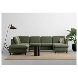 Wohnlandschaft Home Affaire "Trelleborg U-Form" Sofas Gr. B/H/T: 307 cm x 86 cm x 213 cm, Feincord, Ottomane links, ohne Bettfunktion-ohne Stauraum, grün (olive) wahlweise mit Bettfunktion und Bettkasten, inkl. Federkern-Polsterung