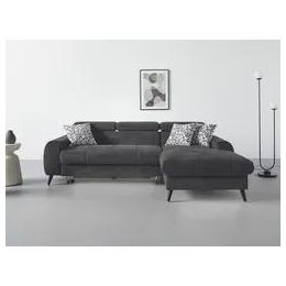 Ecksofa COTTA "Mia L-Form" Sofas Gr. B/H/T: 236cm x 74cm x 164cm, Chenille, Recamiere rechts, Mit Bettfunktion-mit Bettkasten-ohne RGB-LED-Beleuchtung-mit Wireless Charger, grau (charcoal) 3-tlg.-Kissen-Set, Recamiere, wahlweise mit oder ohne RGB-Beleuchtung