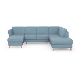 Sit & More Wohnlandschaft SIT & MORE "Visby U-Form" Sofas Gr. B/H/T: 303 cm x 87 cm x 213 cm, Soft clean, Ottomane rechts, mit Bettfunktion-mit Stauraum, blau (hellblau) wahlweise mit Bettfunktion und Stauraum, frei im Raum stellbar