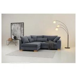 Ecksofa Home Affaire "Helena II, L-Form" Sofas Gr. B/H/T: 227 cm x 77 cm x 190 cm, Aqua Clean Pascha, Ottomane links, mit Bettfunktion, blau (blaugrau) Mit Federkern, wahlweise mit Bett und Taschenfederkern