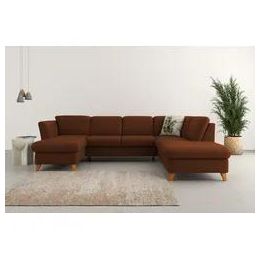 Wohnlandschaft Home Affaire "Trelleborg U-Form" Sofas Gr. B/H/T: 307cm x 86cm x 213cm, Struktur, Ottomane rechts, mit Bettfunktion-mit Stauraum, rosegold (kupfer) Federkern-Polsterung, wahlweise mit Bettfunktion und Stauraum