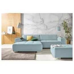 Ecksofa Inosign "Sapporo L-Form" Sofas Gr. B/H/T: 293cm x 78cm x 172cm, Struktur fein, Recamiere links, mit elektrischer Vorziehfunktion, blau (aqua) wahlweise Bettfunktion oder Sitztiefenverstellung, Federkern