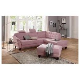 Ecksofa Home Affaire "Trondheim L-Form" Sofas Gr. B/H/T: 260cm x 89cm x 214cm, Struktur fein, Ottomane rechts, ohne Vorziehfunktion-ohne Stauraum, rosa (altrosa) mit Federkern und Knopfheftung im Rücken, Füße Buche dunkel