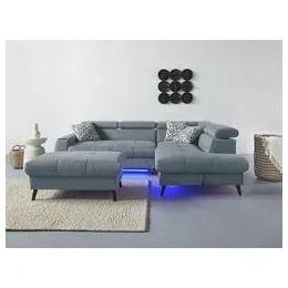 Ecksofa COTTA "Mia L-Form" Sofas Gr. B/H/T: 244cm x 74cm x 193cm, Flachgewebe, Ottomane rechts, Ohne Bettfunktion-ohne Bettkasten-mit RGB-LED-Beleuchtung-ohne Wireless Charger, grau (niagara) 3-tlg.-Kissen-Set, Ottomane, wahlweise mit oder ohne RGB-Beleuchtung