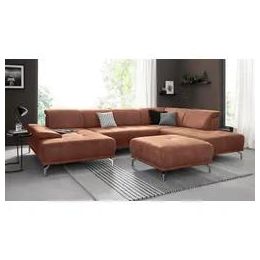 Wohnlandschaft Places of Style "Caluna U-Form" Sofas Gr. B/H/T: 332cm x 81cm x 234cm, Luxus-Microfaser Vintageoptik, Recamiere links, braun (cognac) mit Sitztiefen- und Kopfteilverstellung