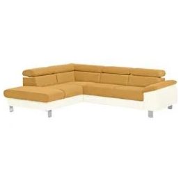 Ecksofa COTTA "Komaris L-Form" Sofas Gr. B/H/T: 249cm x 72cm x 100cm, Kunstleder SOFTLUX-Struktur, Ottomane links, ohne Bettfunktion-ohne Bettkasten-mit RGB-LED-Beleuchtung-mit Kopfteilverstellung, gelb (creme/senf) inklusive Kopf- bzw. Rückenverstellung, wahlweise Bettfunktion